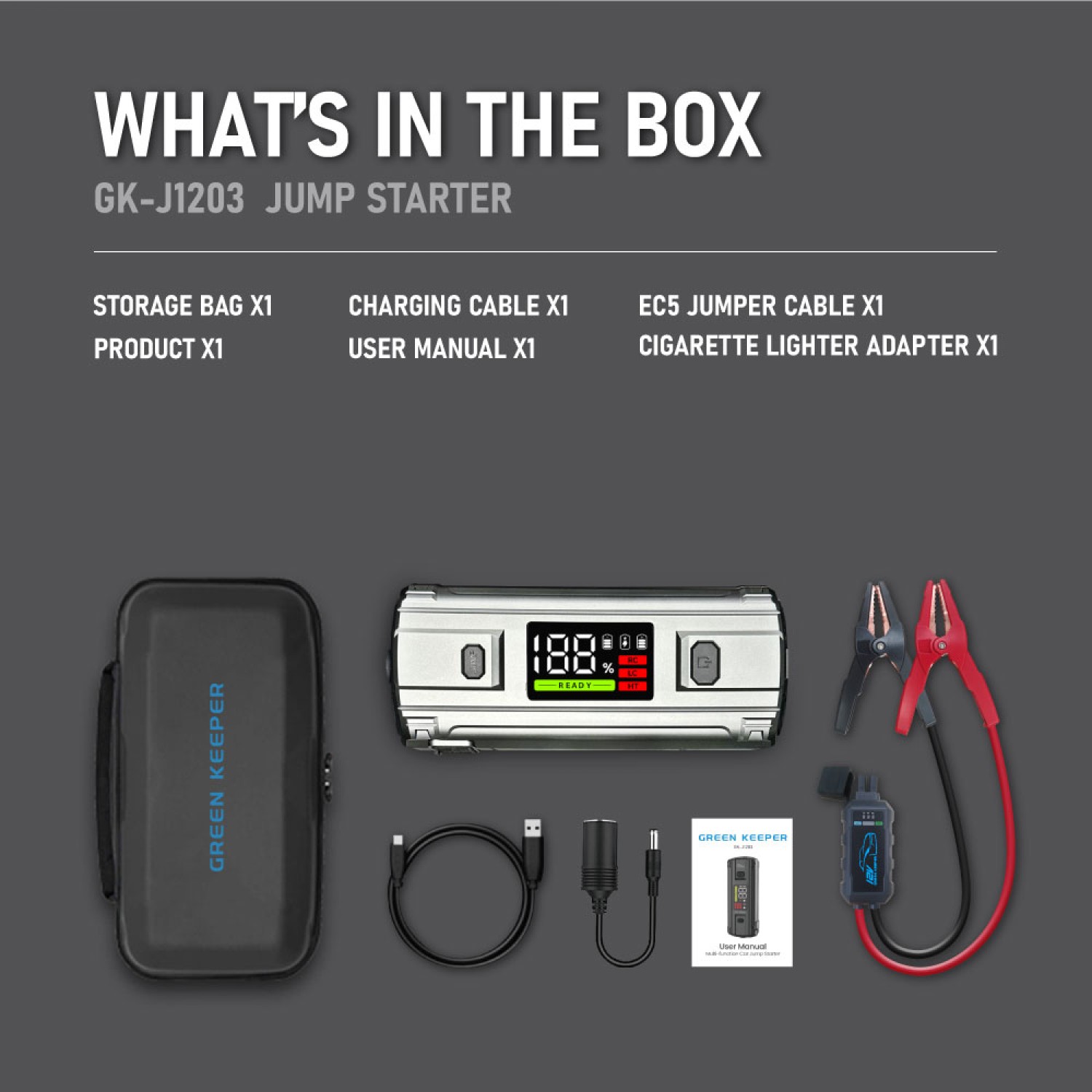 Green Keeper - 3000A Portable Jump Starter - Master GK-J1203 - 20000mAh ...