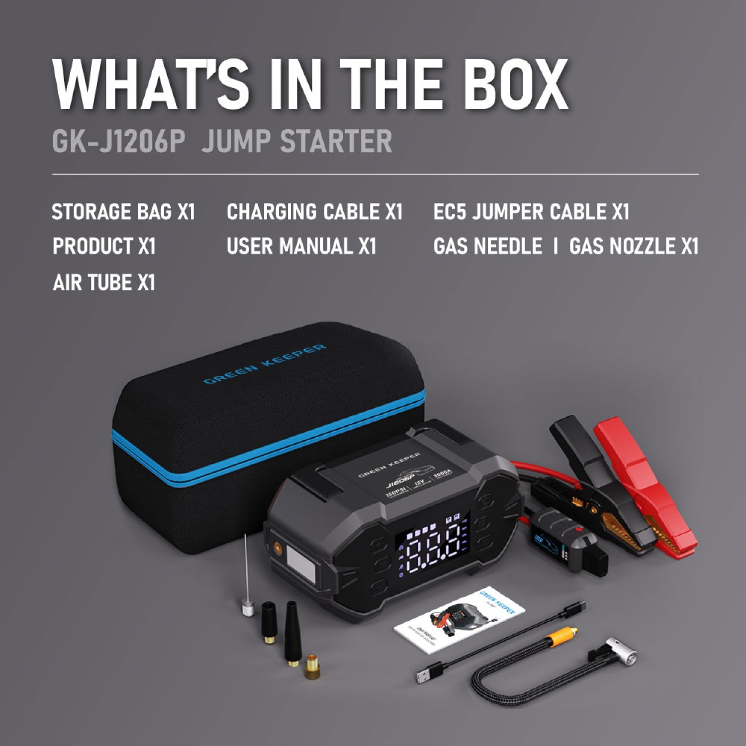 Green Keeper - 3000A Portable Jump Starter - Pump GK-J1206P - 16000mAh ...